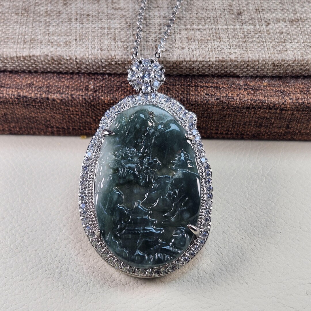 Grade A Authentic Jade Hand-carved Green Jade Landscape Pendant in ...