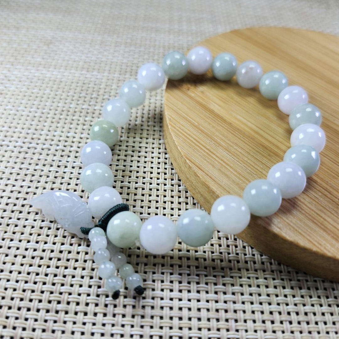 85mm Jade Bead With Jade Fish Untreated Natural Jadeite Bracelet Tied ...
