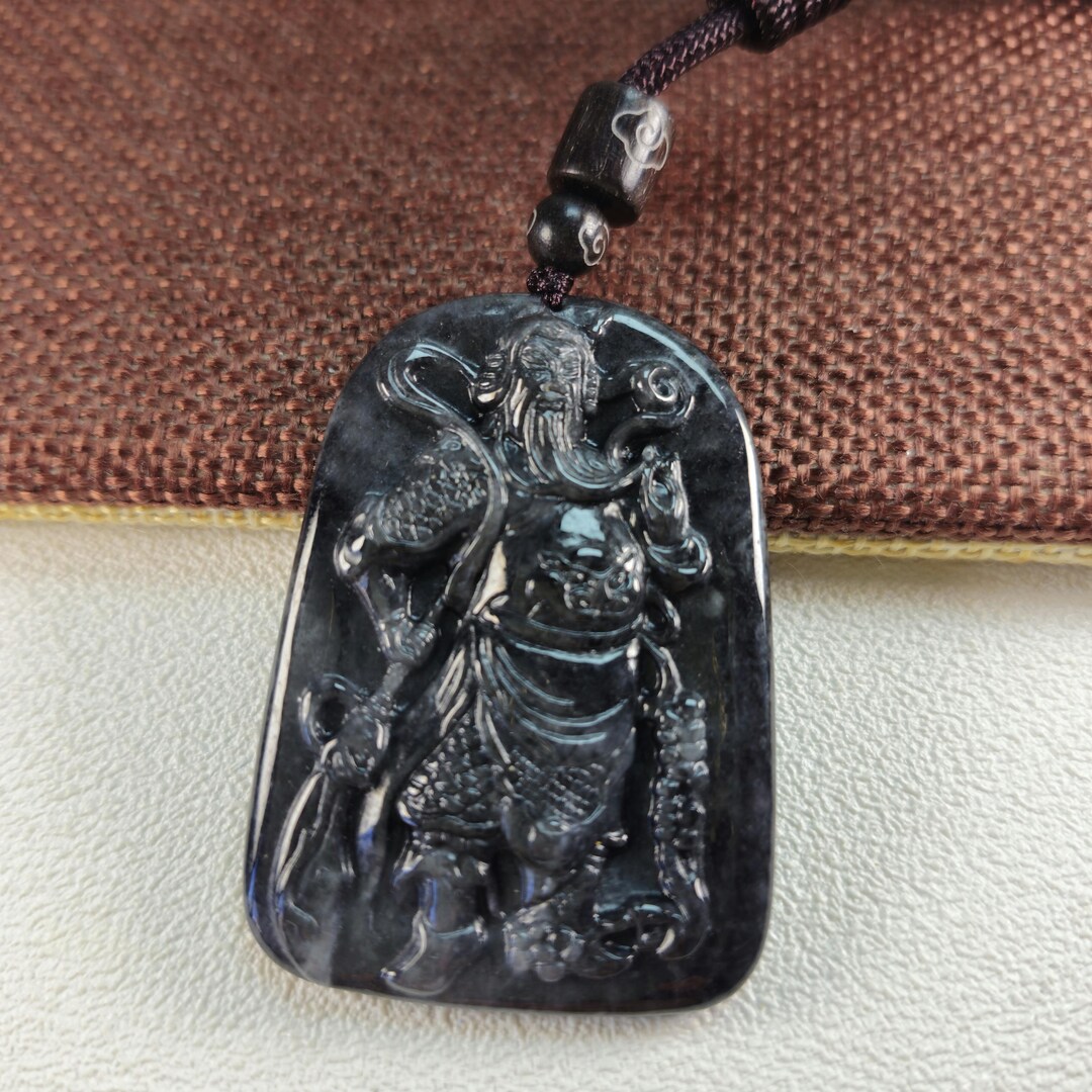 Dragon and Holy Emperor Guan Yu Untreated Natural Black Jade Pendant ...
