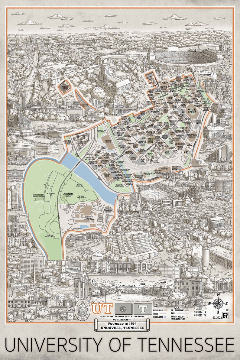 University of Tennessee Map Art Print: Knoxville Campus Landmarks - Etsy