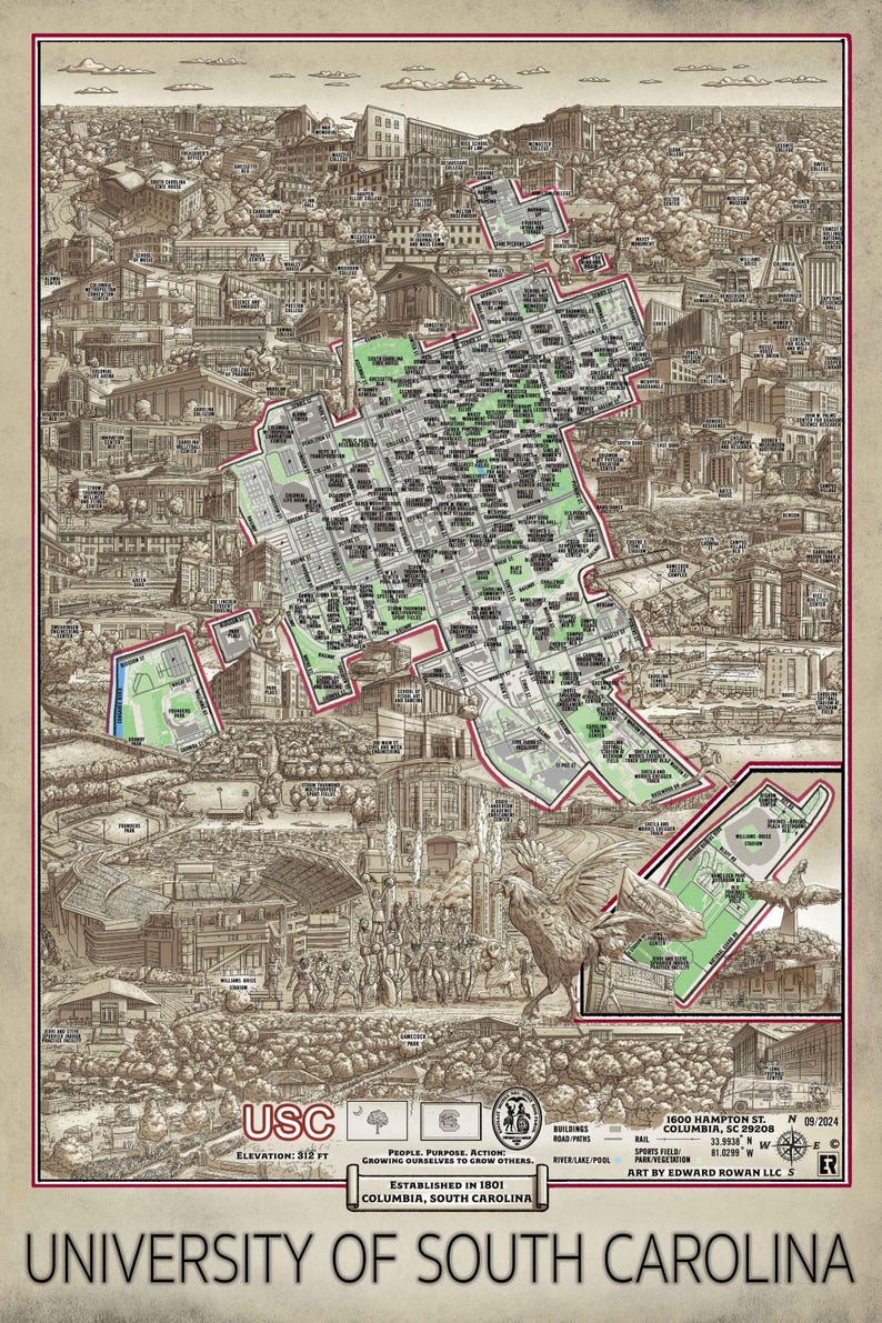 University of South Carolina Map Art Print: Hand-drawn Carolina Decor ...