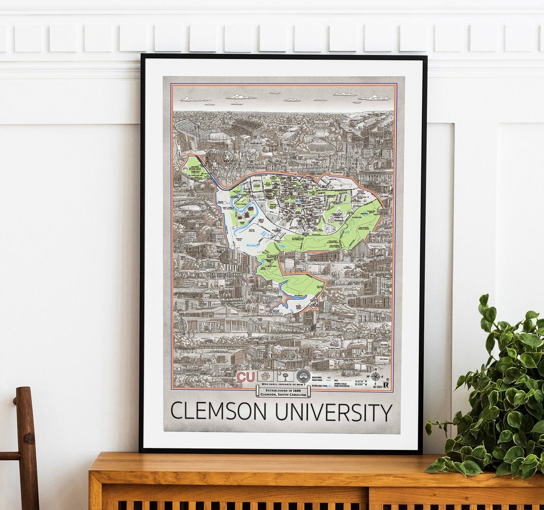 Clemson Map Clemson University Print Clemson University Wall Art Clemson Decor Graduation Gift ...