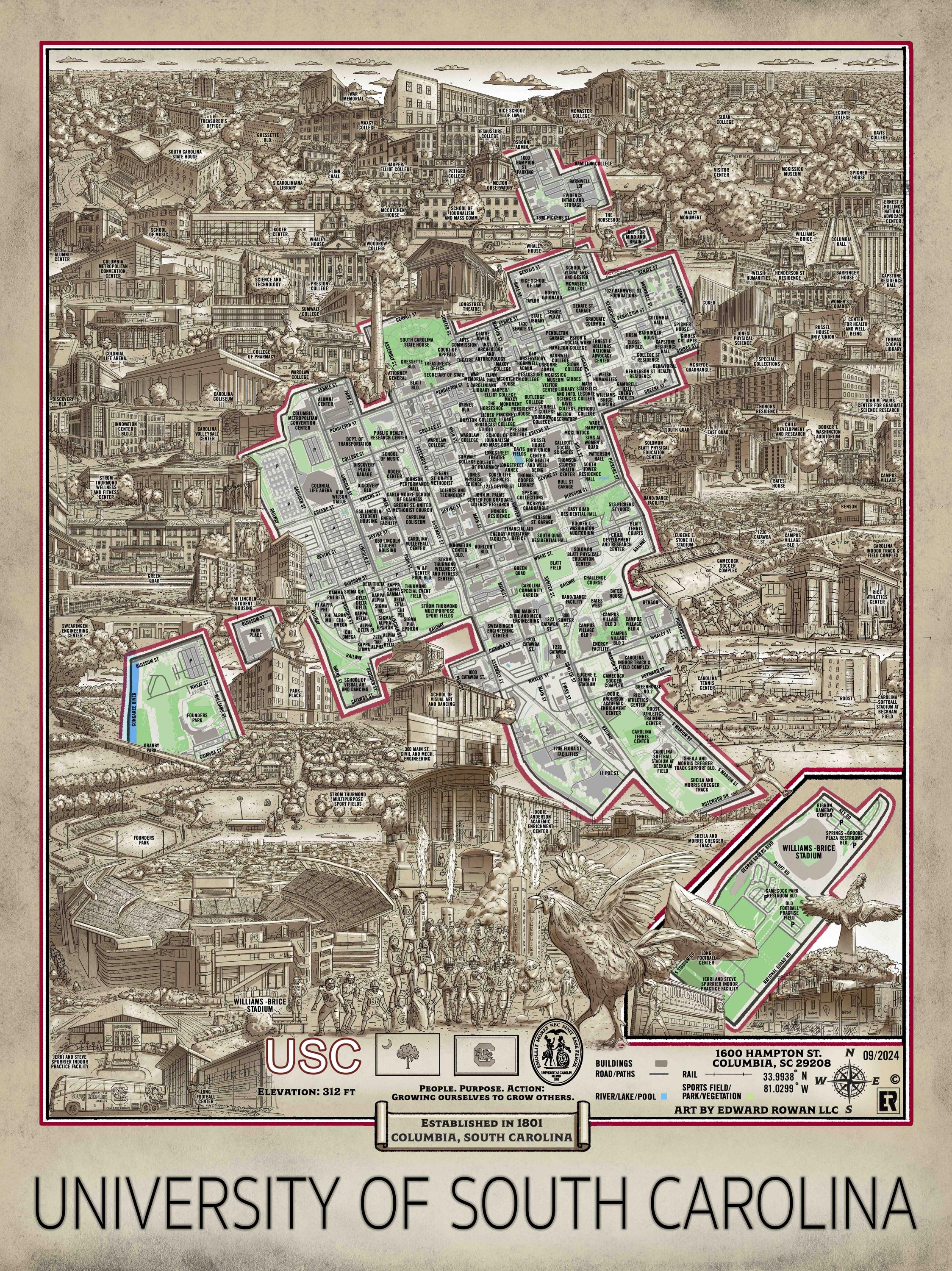 University of South Carolina Map Art Print: Hand-drawn Carolina Decor ...