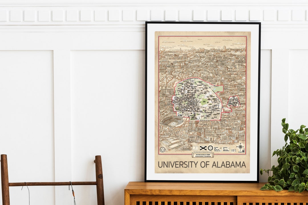 University of Alabama Map Art Print: Hand-drawn Campus Landmarks - Etsy