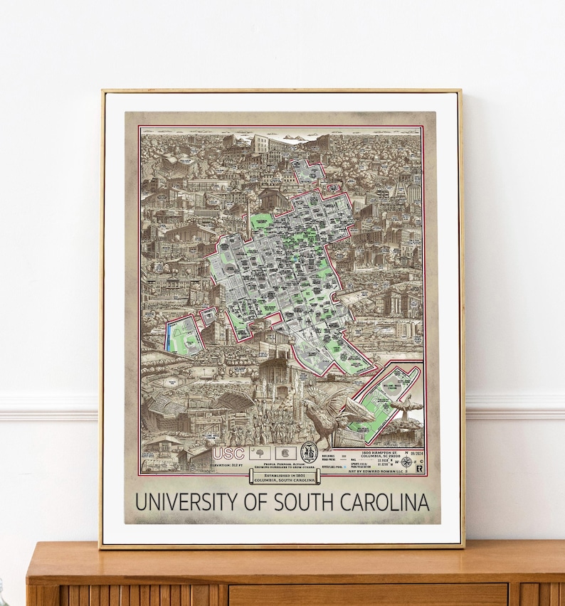 University of South Carolina Map Art Print: Hand-drawn Carolina Decor ...