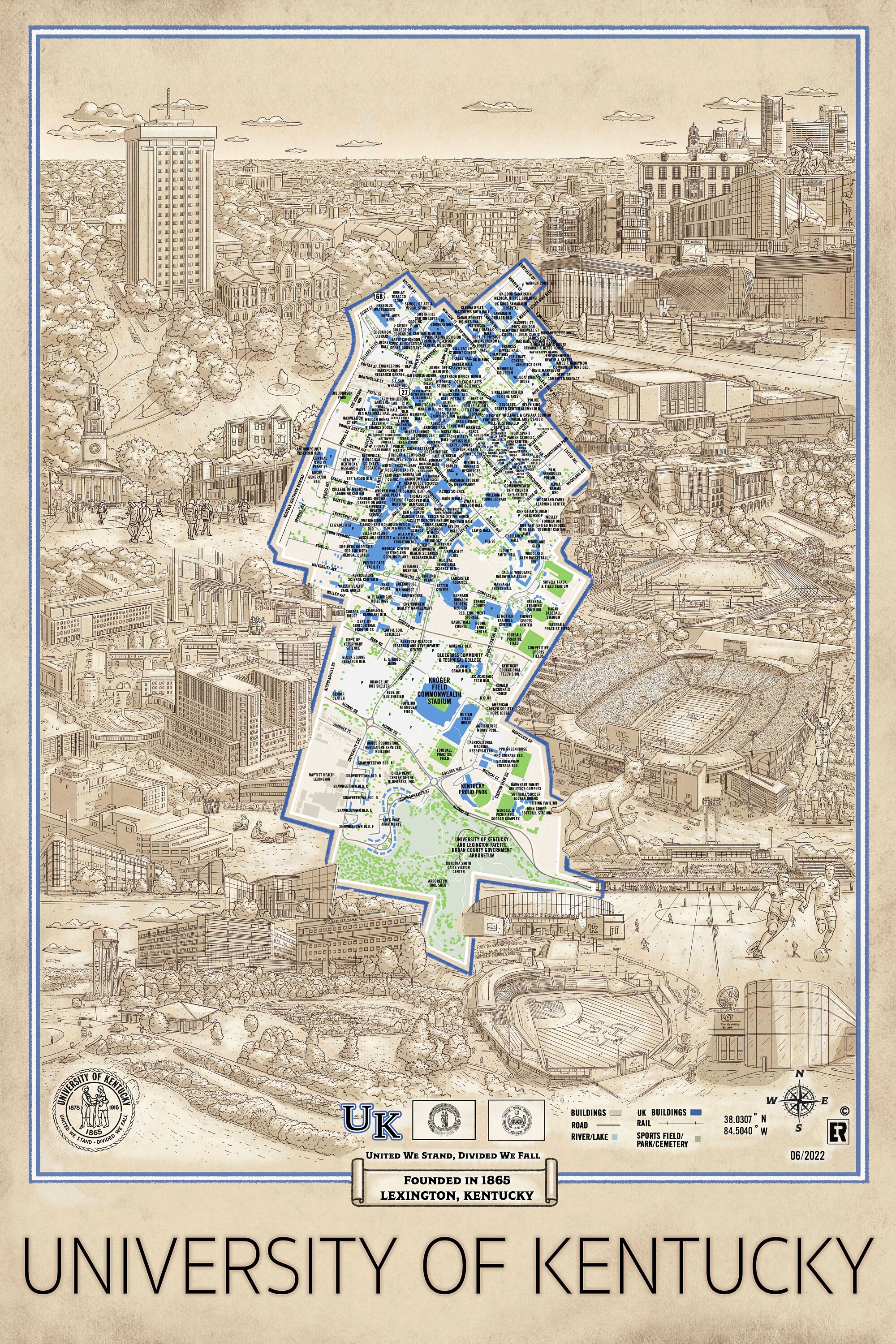 University of Kentucky Map Art Print, Campus Landmarks - Etsy