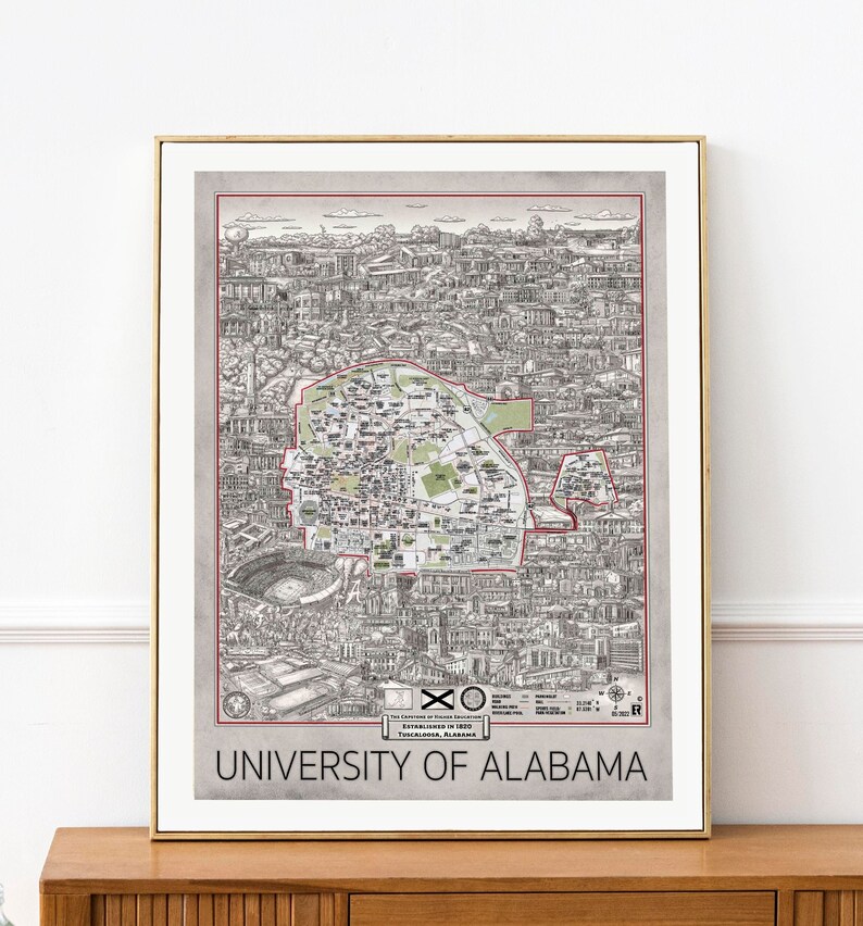 University of Alabama Map Art Print: Hand-drawn Campus Landmarks - Etsy