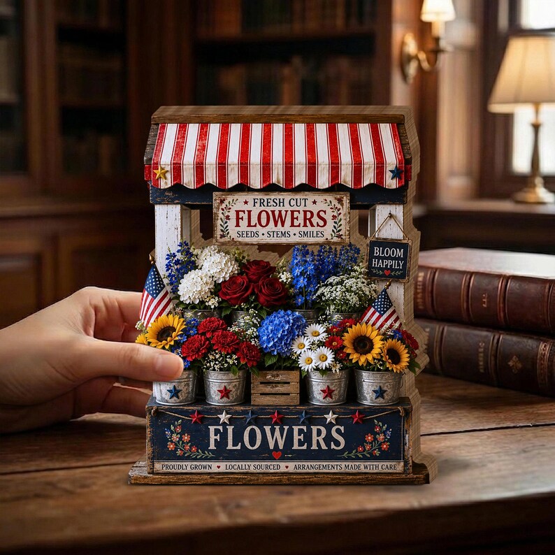 2D Flat Patriotic Flower Stand Decor, Americana Shelf Sitter, 4th of ...