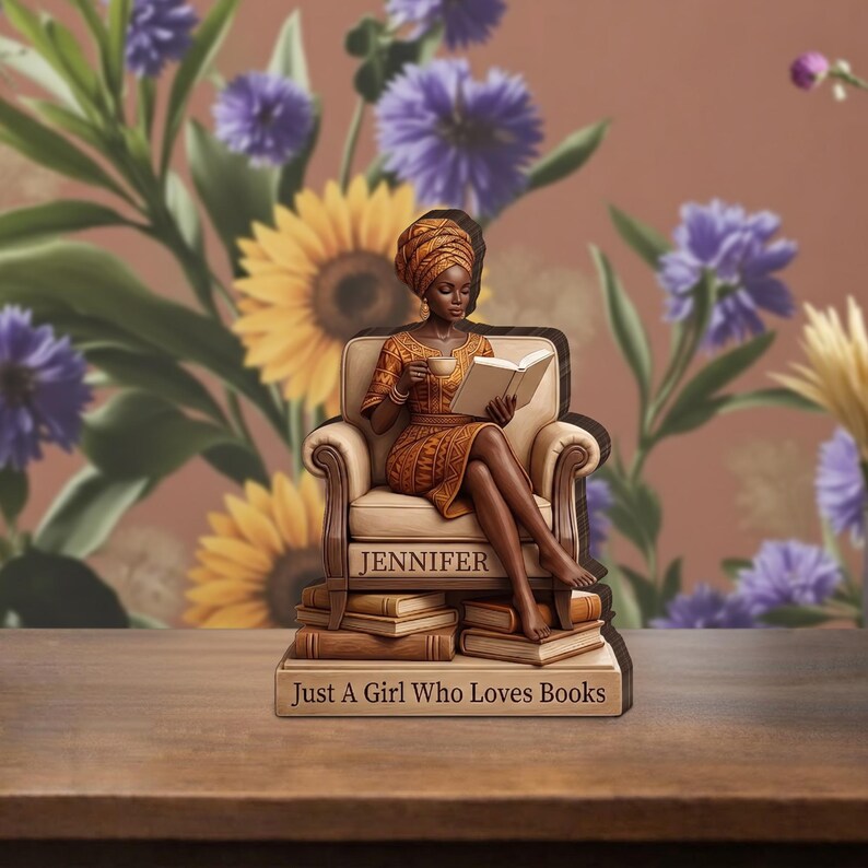 2D Flat Custom Reading Woman Wood Block, African American Reader Decor ...