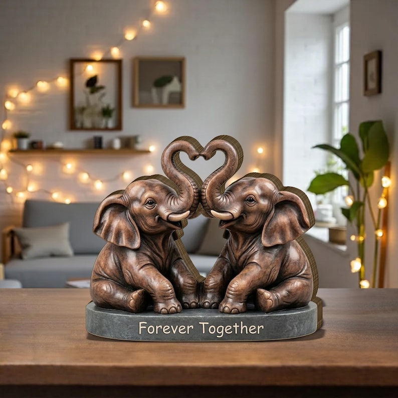 2D Flat Elephant Love Wooden Block, Heart Trunk Elephant Sculpture ...