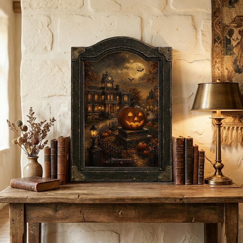Halloween Town Wall Art, Haunted Pumpkin House Print, Gothic Halloween ...