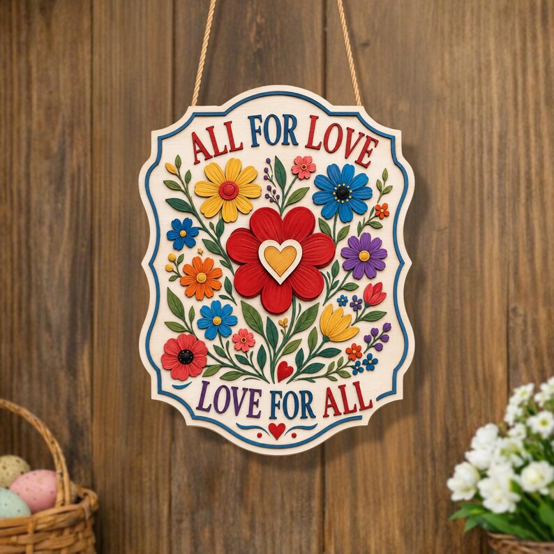 All for Love Door Sign, Colorful Floral Wood Door Hanger, Love for All ...