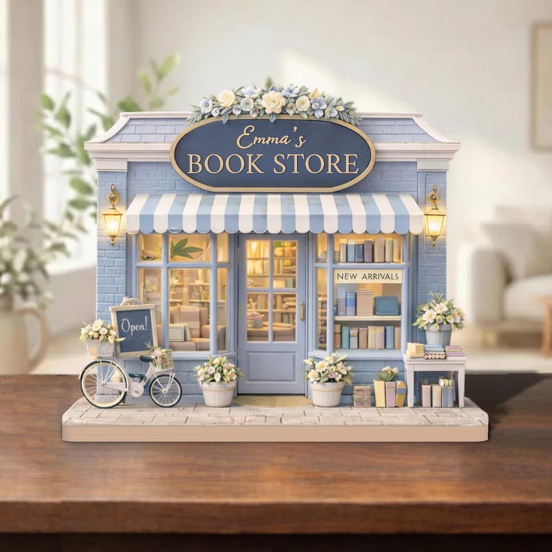 2D Flat Personalized Wooden Bookstore Sign, Parisian Pastel Bookshop ...