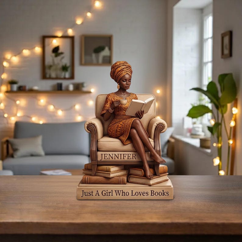 2D Flat Custom Reading Woman Wood Block, African American Reader Decor ...