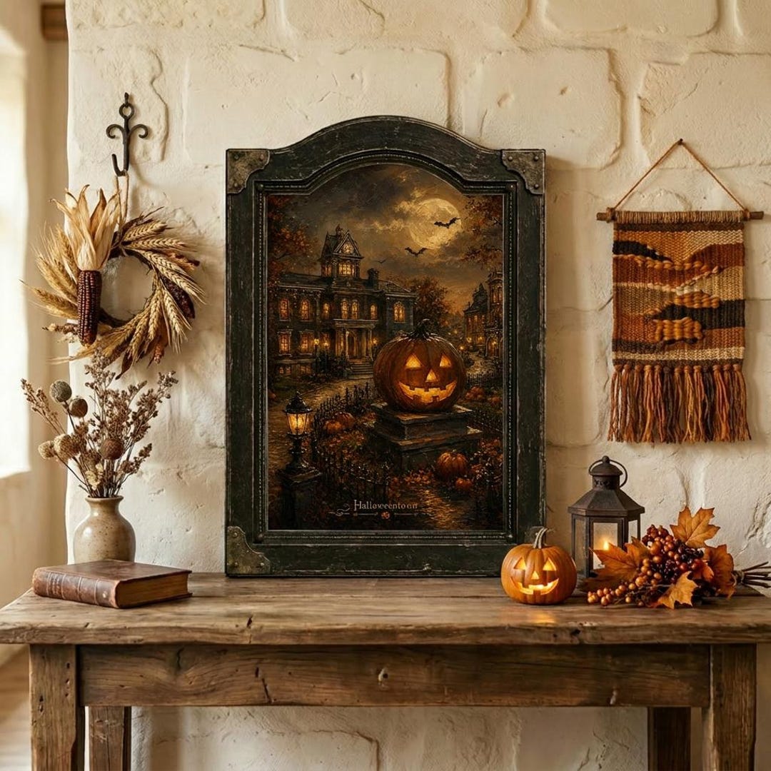 Halloween Town Wall Art, Haunted Pumpkin House Print, Gothic Halloween ...