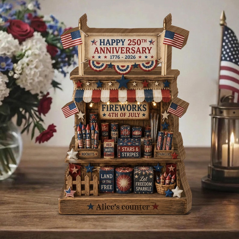 2D Flat America 250th Fireworks Stand Decor, Patriotic Tiered Tray ...