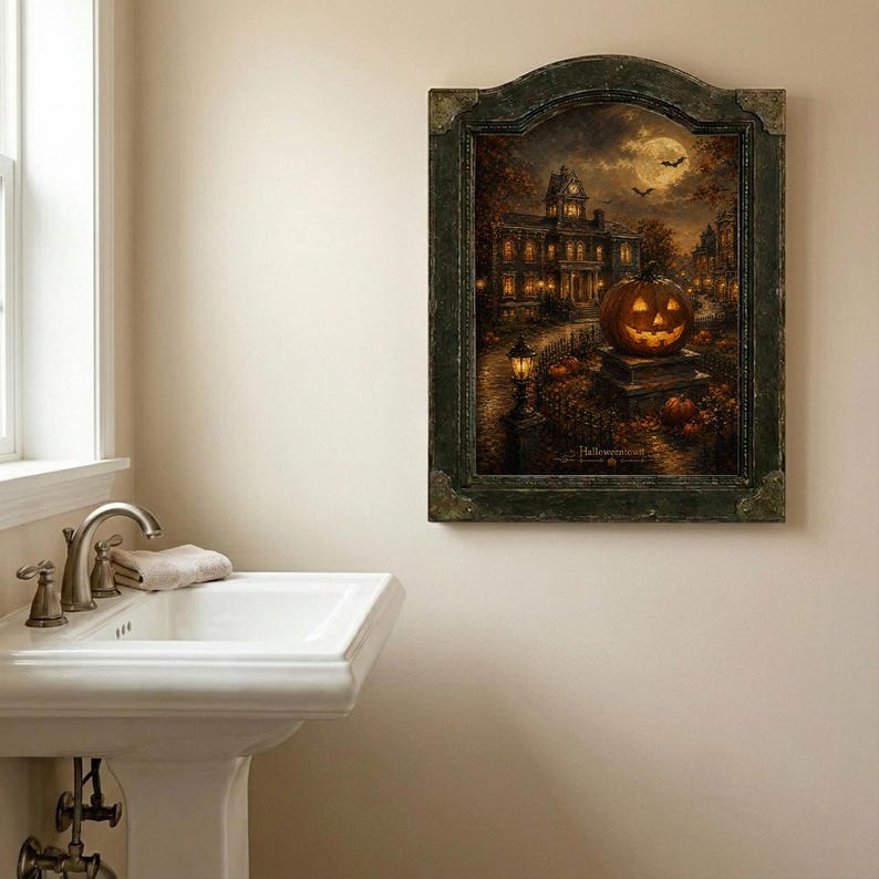 Halloween Town Wall Art, Haunted Pumpkin House Print, Gothic Halloween ...