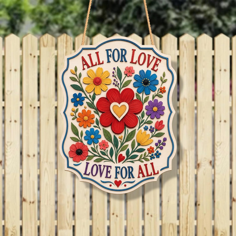 All for Love Door Sign, Colorful Floral Wood Door Hanger, Love for All ...