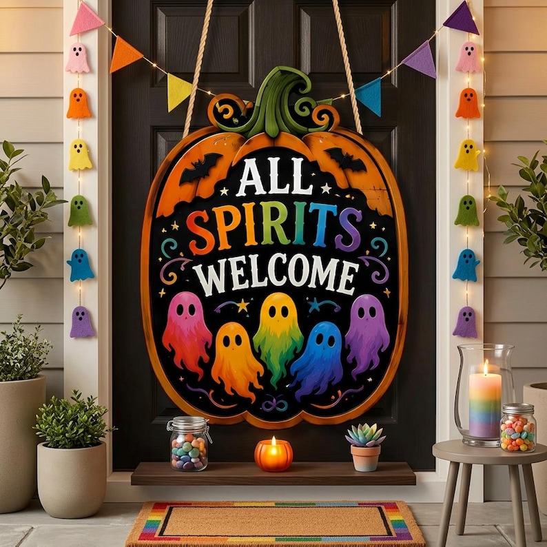All Spirits Welcome Halloween Door Sign, Rainbow Ghost Door Hanger ...
