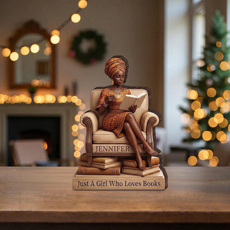 2D Flat Custom Reading Woman Wood Block, African American Reader Decor ...