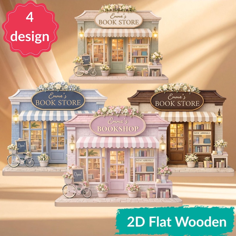 2D Flat Personalized Wooden Bookstore Sign, Parisian Pastel Bookshop ...