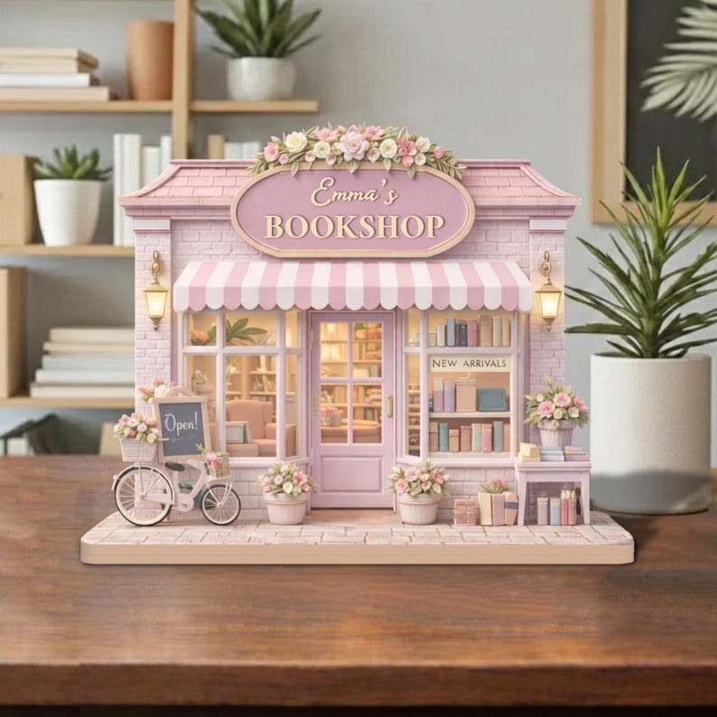 2D Flat Personalized Wooden Bookstore Sign, Parisian Pastel Bookshop ...