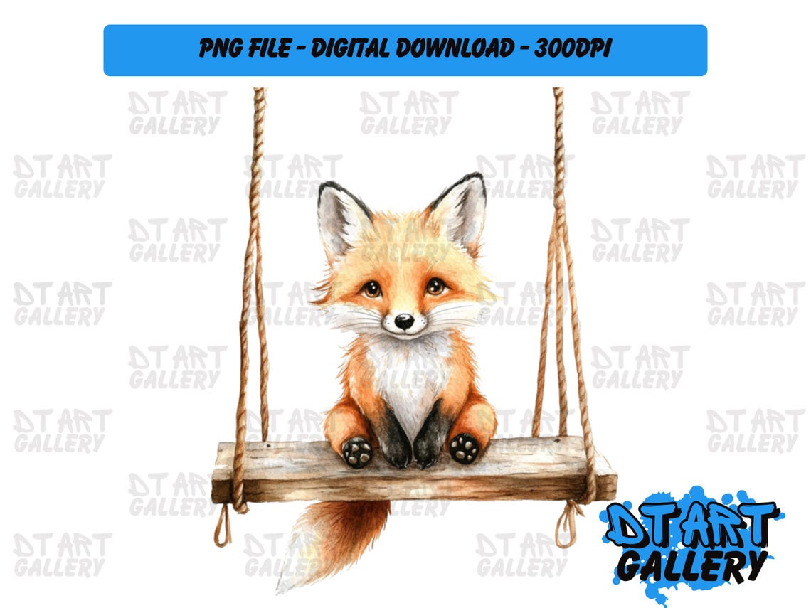 Cute Fox on Swing Watercolour Themed Clipart - Digital Download - High ...