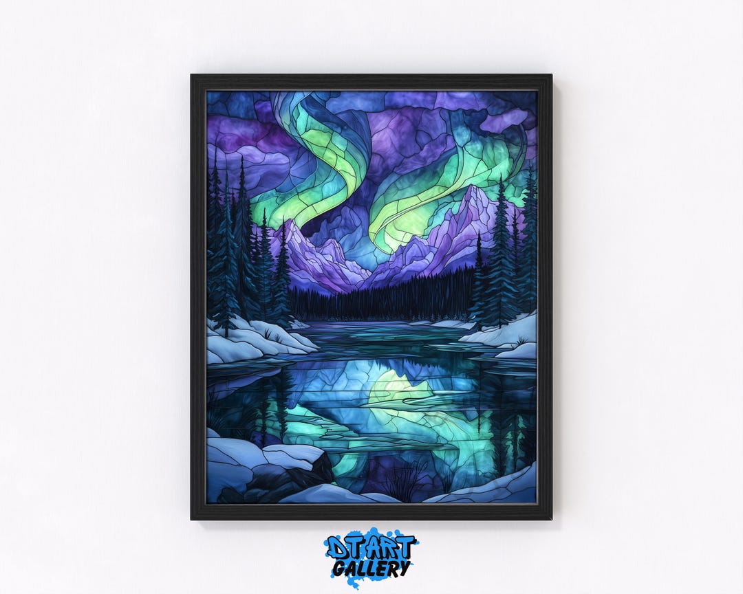 Moody Winter Landscape Stained Glass Art - Vibrant Northern Lights Over ...