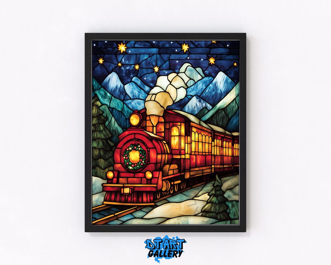 Festive Stained Glass Red Steam Train Wall Art - Snow-covered Landscape ...