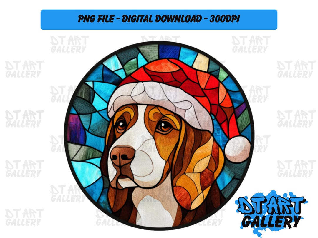 Beagle Dog Santa Hat Stained Glass Round Clipart - Digital Download ...