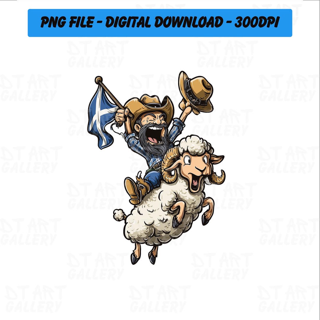 Quirky Scottish Man Riding Sheep Illustration, Bold Cartoon Art ...