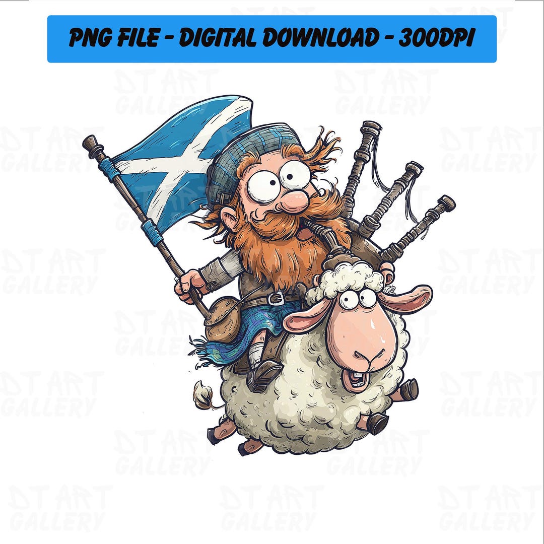 Quirky Scottish Highlander PNG - Cartoon Bagpiper on Fluffy Sheep ...