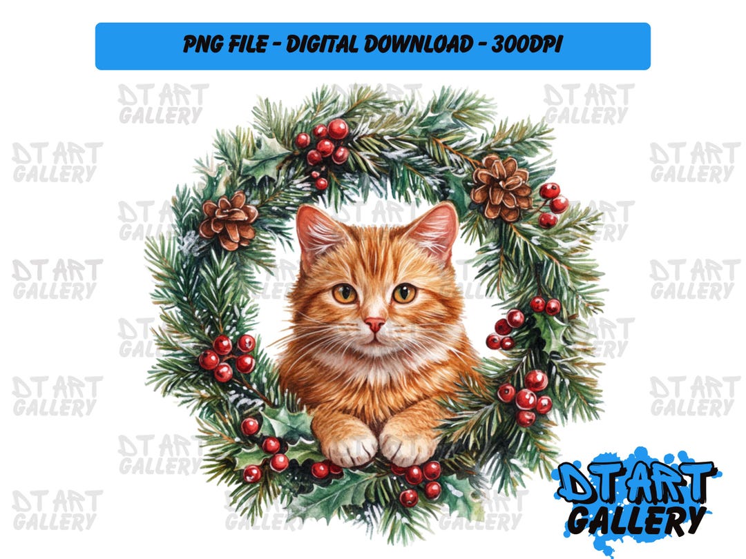 Cute Ginger Cat Christmas Wreath Themed Clipart - Digital Download ...