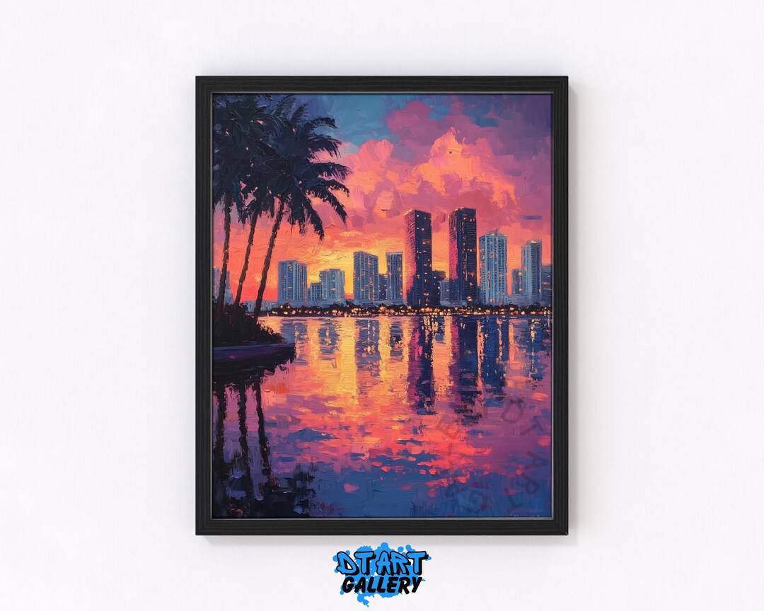 Vibrant Miami Sunset High-rise Painting - Colorful Cityscape Art, Palm ...