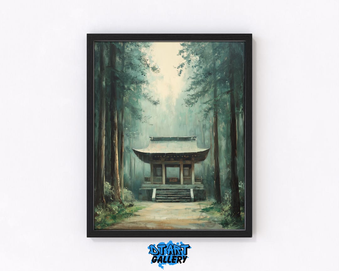 Tranquil Shinto Shrine Landscape in Forest - Printable Rustic Oil ...
