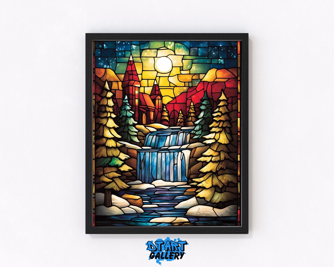 Vibrant Frozen Waterfall Stained Glass Art - Colorful Winter Wall Decor ...