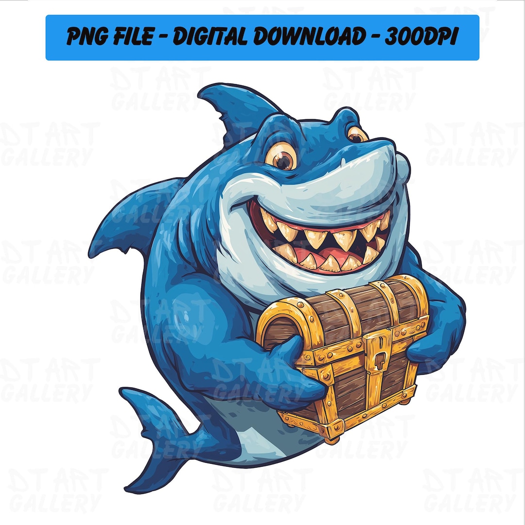 Playful Cartoon Shark With Treasure Chest Clipart - Fun Illustrative ...
