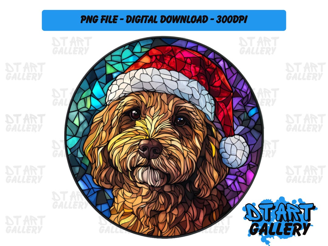 Cockapoo Dog Santa Hat Stained Glass Round Clipart - Digital Download ...