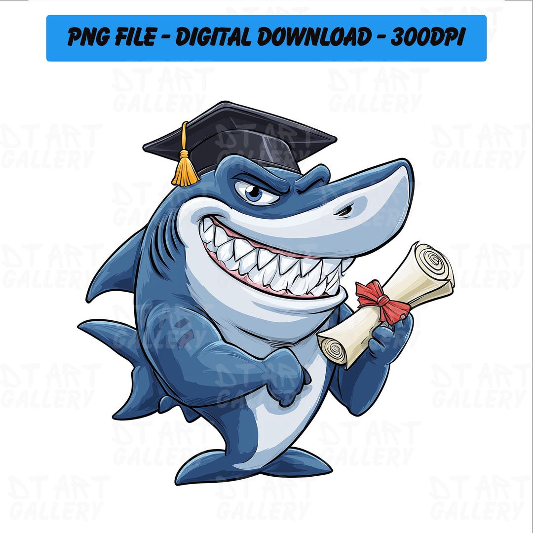 Playful Cartoon Graduation Shark - Cute Graduation Cap and Diploma ...