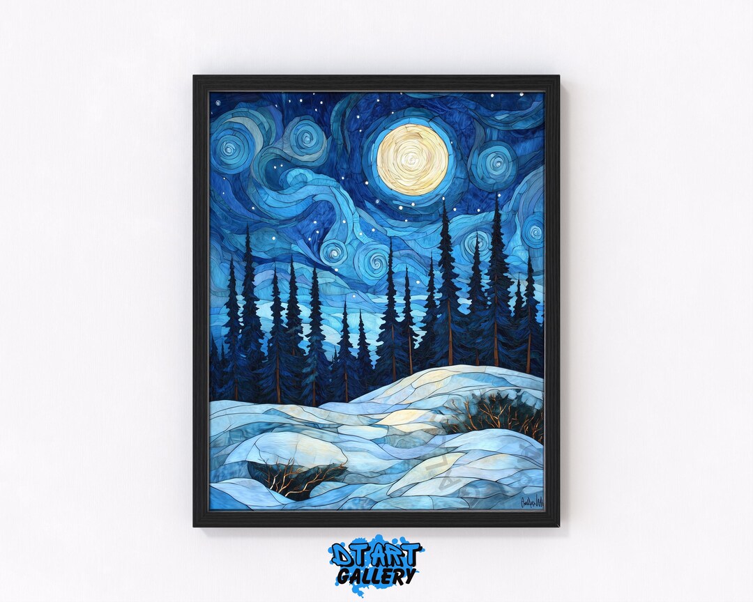 Stained Glass Winter Hillside - Tranquil Snowy Landscape Wall Art ...