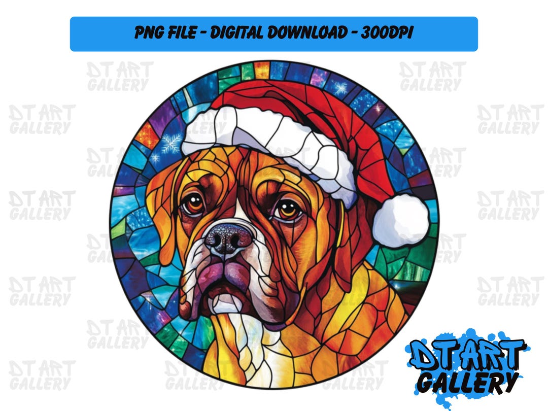 Boxer Dog Santa Hat Stained Glass Round Clipart - Digital Download ...