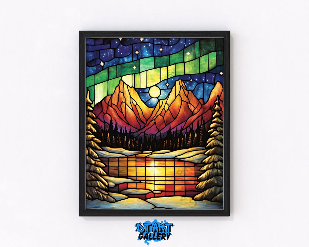 Vibrant Stained Glass Art of Frozen Mountain Lake - Snow-covered ...