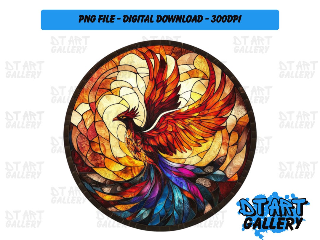 Beautiful Phoenix Bird Round Stained Glass Clipart - Digital Download ...
