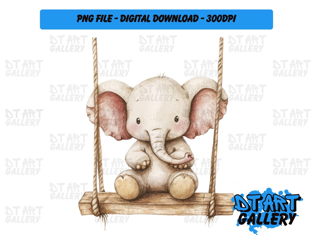 Cute Elephant on Swing Watercolour Themed Clipart - Digital Download ...