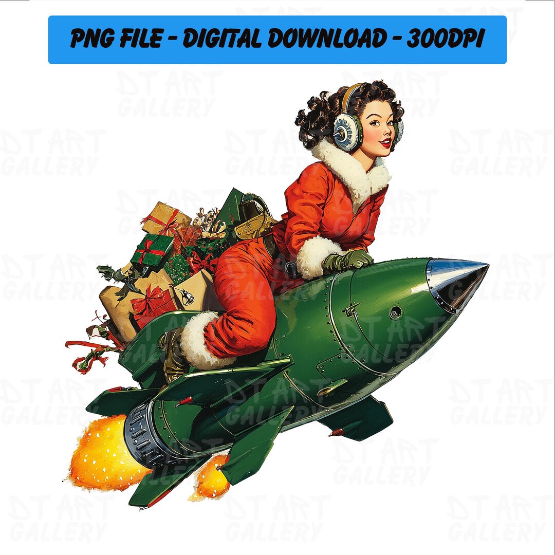 Retro Santa Pin-up Girl Riding Rocket - Festive Christmas Cartoon Art ...