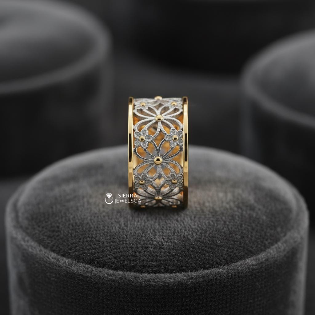 Unique Filigree Cigar Band, Wide Two Tone Gold Band, Floral Scroll Work ...