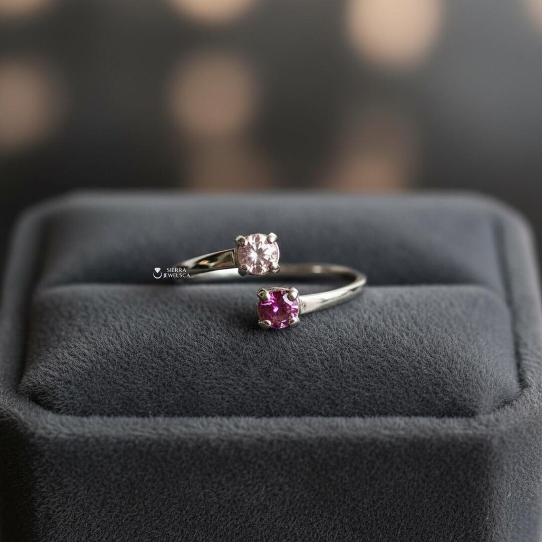 Two Stone Open Cuff Wedding Ring, Pink Round Cut Lab Grown Diamond Ring ...