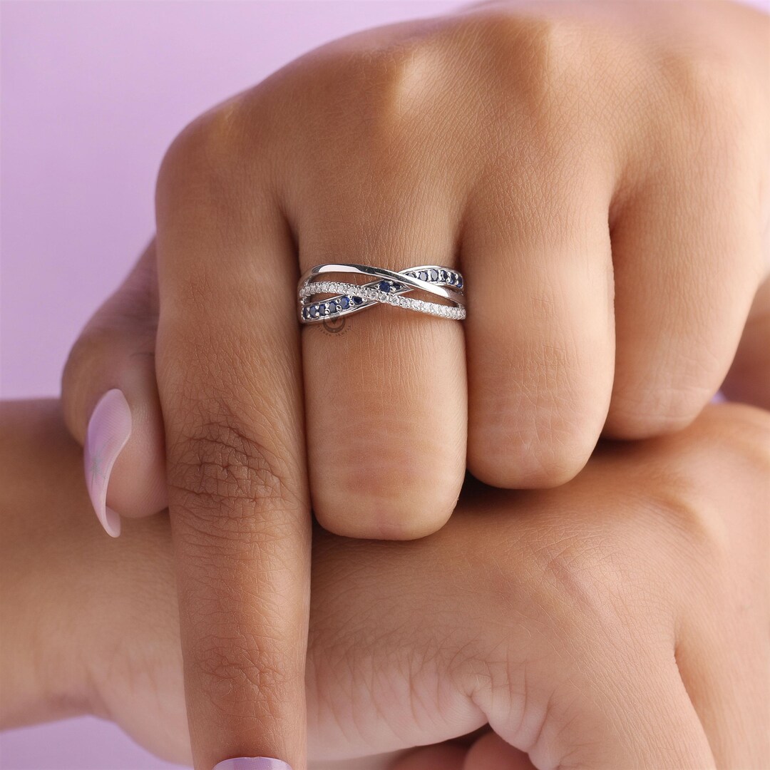 Criss-cross Wedding Ring/ Blue Sapphire Round Cut Diamond Engagement ...