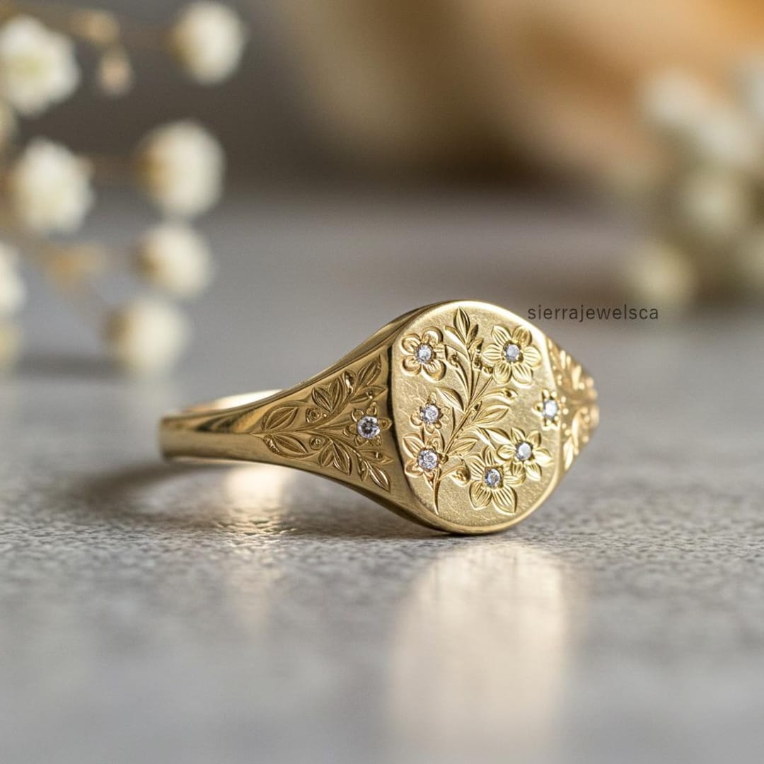 Signet Wedding Ring, Round Flower Shape Engagement Ring, 14K Yellow ...