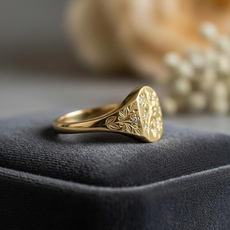 Signet Wedding Ring, Round Flower Shape Engagement Ring, 14K Yellow ...